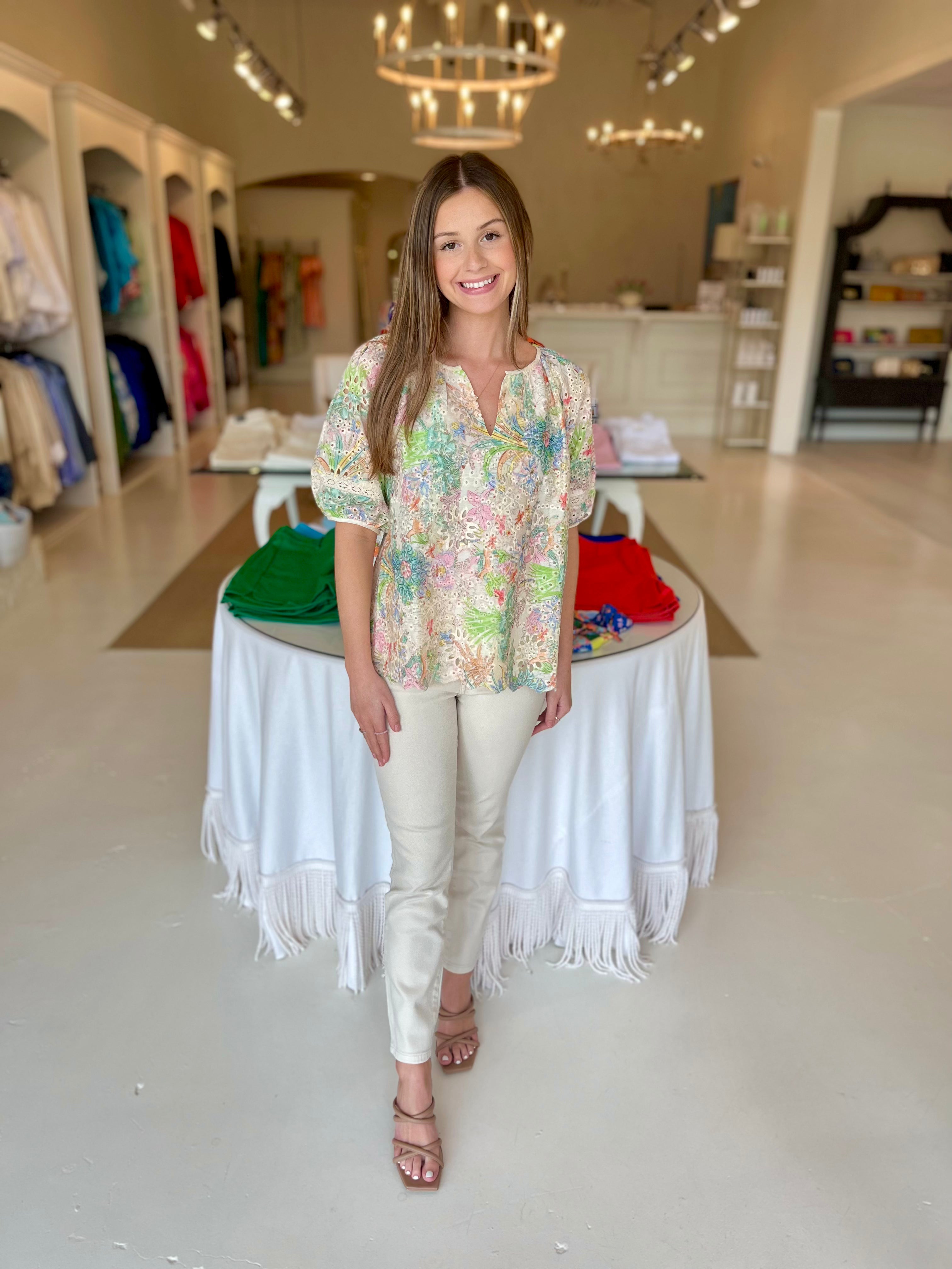 Jade Lace Trim Peasant Top - Watercolor Eyelet – Elizabeth Anne Boutique