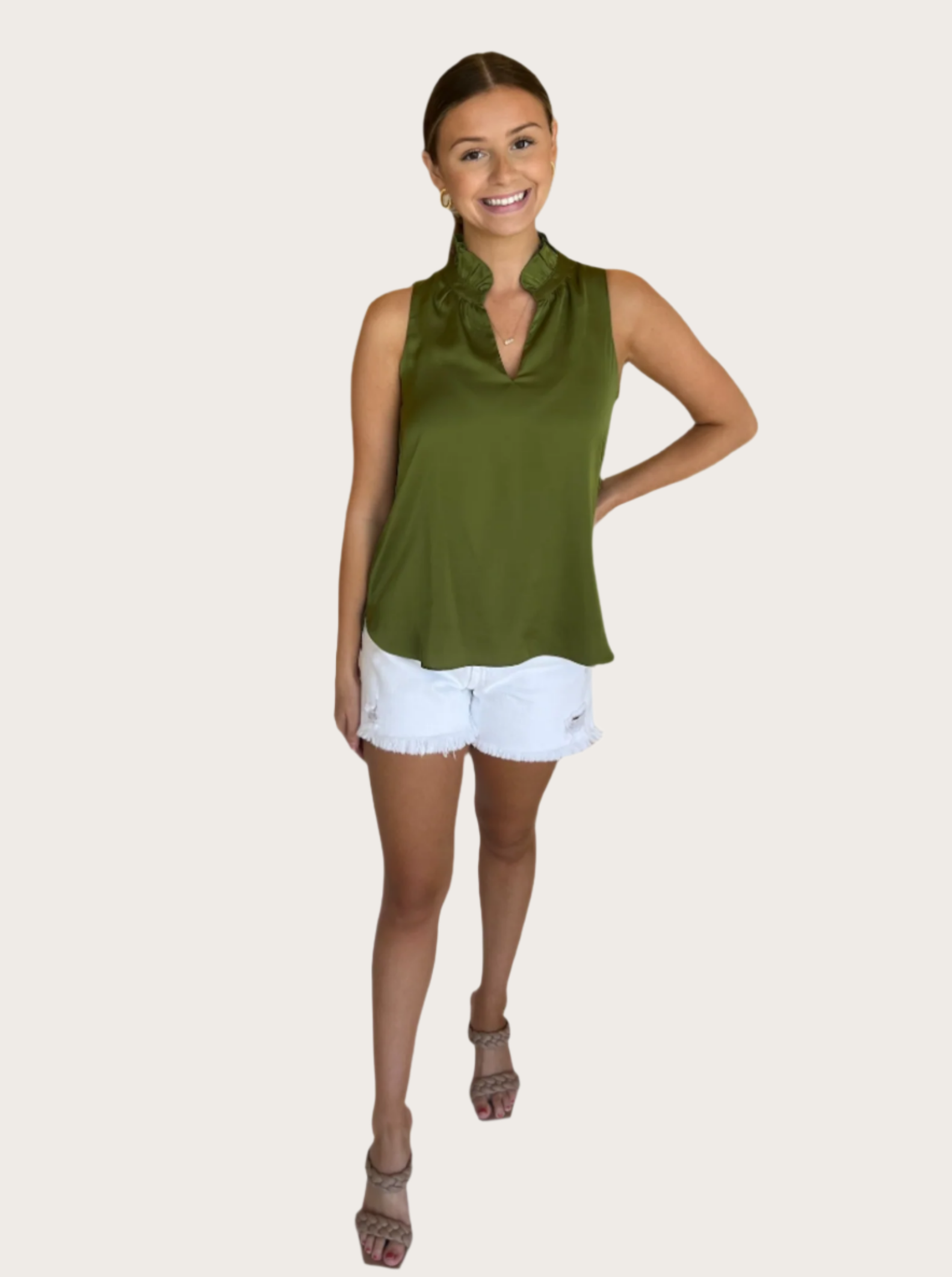 Jade Ruffles Neck Shell- Caper – Elizabeth Anne Boutique